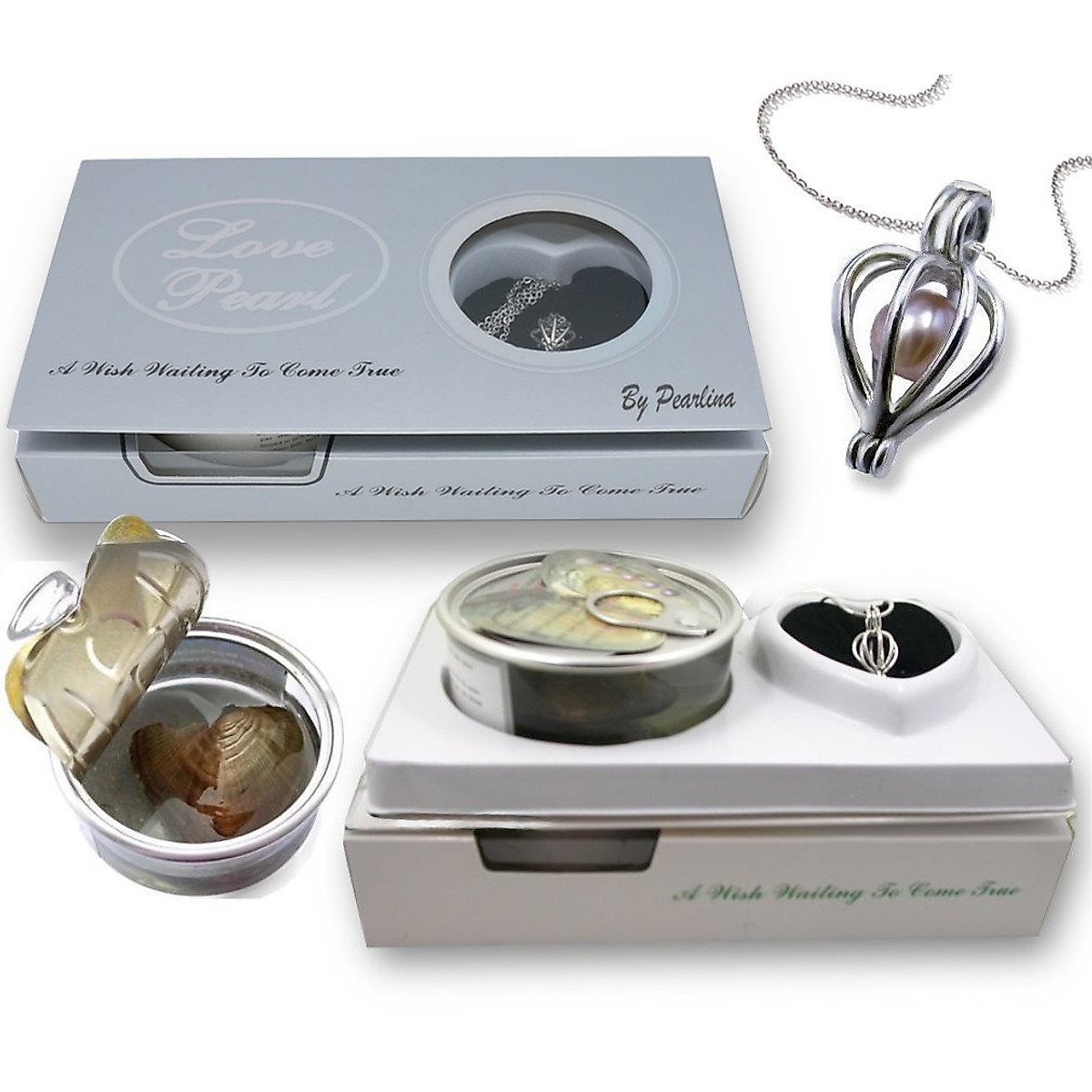 Pearlina Cultured Pearl in Oyster Necklace Set Silver-tone Heart Cage Locket w/Stainless Steel Chain,18"