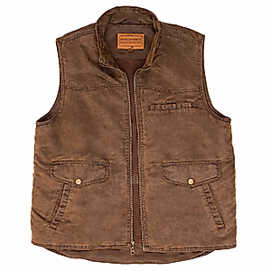 Driver Clothing Co. Men's Heavy Gauge Poly Canvas Utility Work Vest with Soft Flannel Lining and Wax Oil Weather Resistant Finish | 5 Outer Pockets and 3 Inner Pockets | Distressed Brown | XX-Large