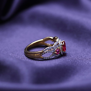 GEMVIO Collection Three Stone Ring, Round Cut Lab Created Ruby Gemstone & Natural Diamond Halo Bridal Set Engagement Ring In 14K Yellow Gold Over Sterling Silver Wedding Band Ring-8