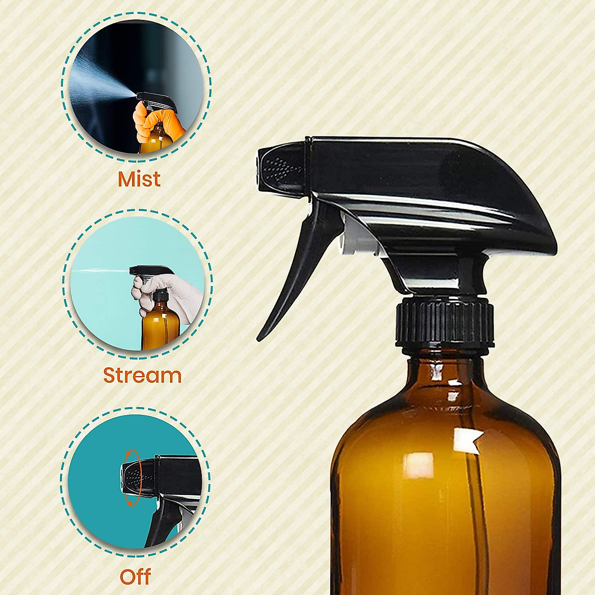 Amber Glass Spray Bottles For Cleaning Solutions (4 Pack) - 16 Ounce, Refillable Sprayer for Essential Oil, Water, Kitchen, Hair. Durable Black Trigger Sprayer w/Mist and Stream Settings