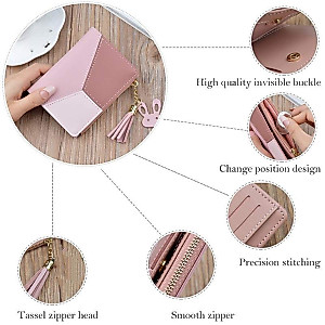 Chicmo Small Wallet for Women Girls, Bifold Slim PU Leather Multi Slots Card Holder Organizer Coin Purse Zipper with Tassel Pendants (Pink)