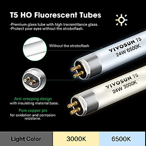 VIVOSUN T5 Grow Light Bulbs 2 Ft 22 Inches, 24W 6500K HO Fluorescent Tubes Light Bulbs, Cool White T5 Bulb for 22 Inches T5 Light Fixtures, T5 Grow Lights for Indoor Plants, 2 Ft 24W Pack of 5