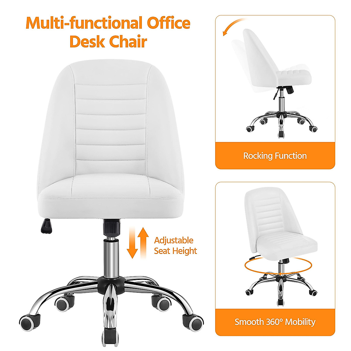 Yaheetech PU Leather Armless Office Chair, Mid Back Desk Chair, Computer Task Chair, Modern Vanity Chair with Rolling Wheels, Metal Base White