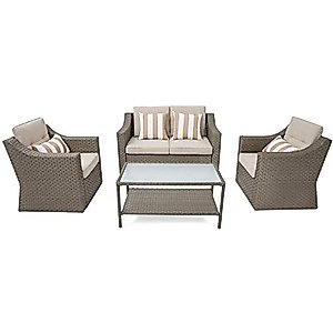 SOLAURA Patio Furniture Set Outdoor Conversation Set All Weather Wicker Furniture 4 Pieces Sectional Sofa Set with Tempered Glass Coffee Table-Gray