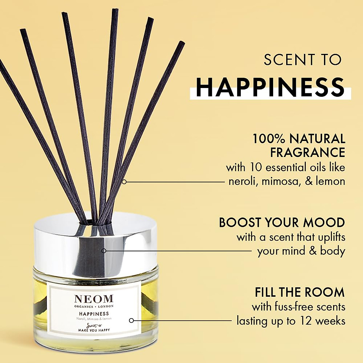 NEOM Happiness Reed Diffuser, 3.38fl oz | Uplifting Scent | Neroli, Mimosa & Lemon Essential Oil Blends| 100% Natural Fragrance | Scent to Make You Happy…