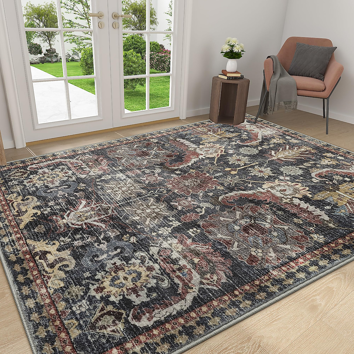 Smiry Boho Area Rug 4x6, Non Slip Vintage Rugs for Living Room, Faux Wool Fiber and Machine Washable for Bedroom Dining Room Kitchen Laundry Home Office, Rust