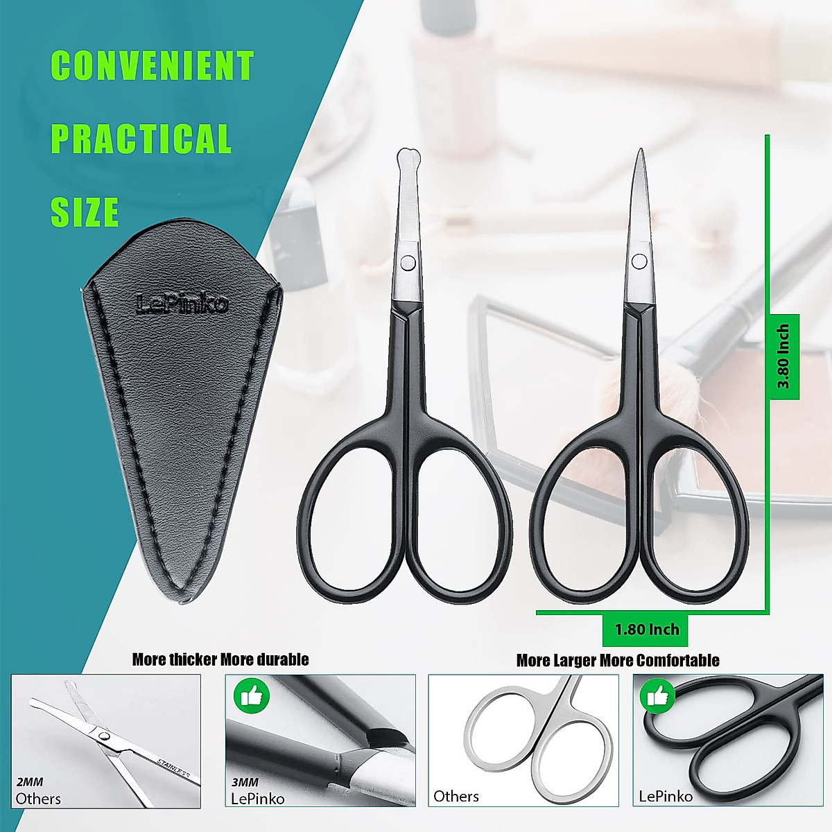 Facial Hair Small Grooming Scissors For Men Women - Eyebrow, Nose Hair, Mustache, Beard, Eyelashes, Ear Trimming Kit - Curved and Rounded Safety Tip Clippers For Hair Cutting 2PCS With Cover Black