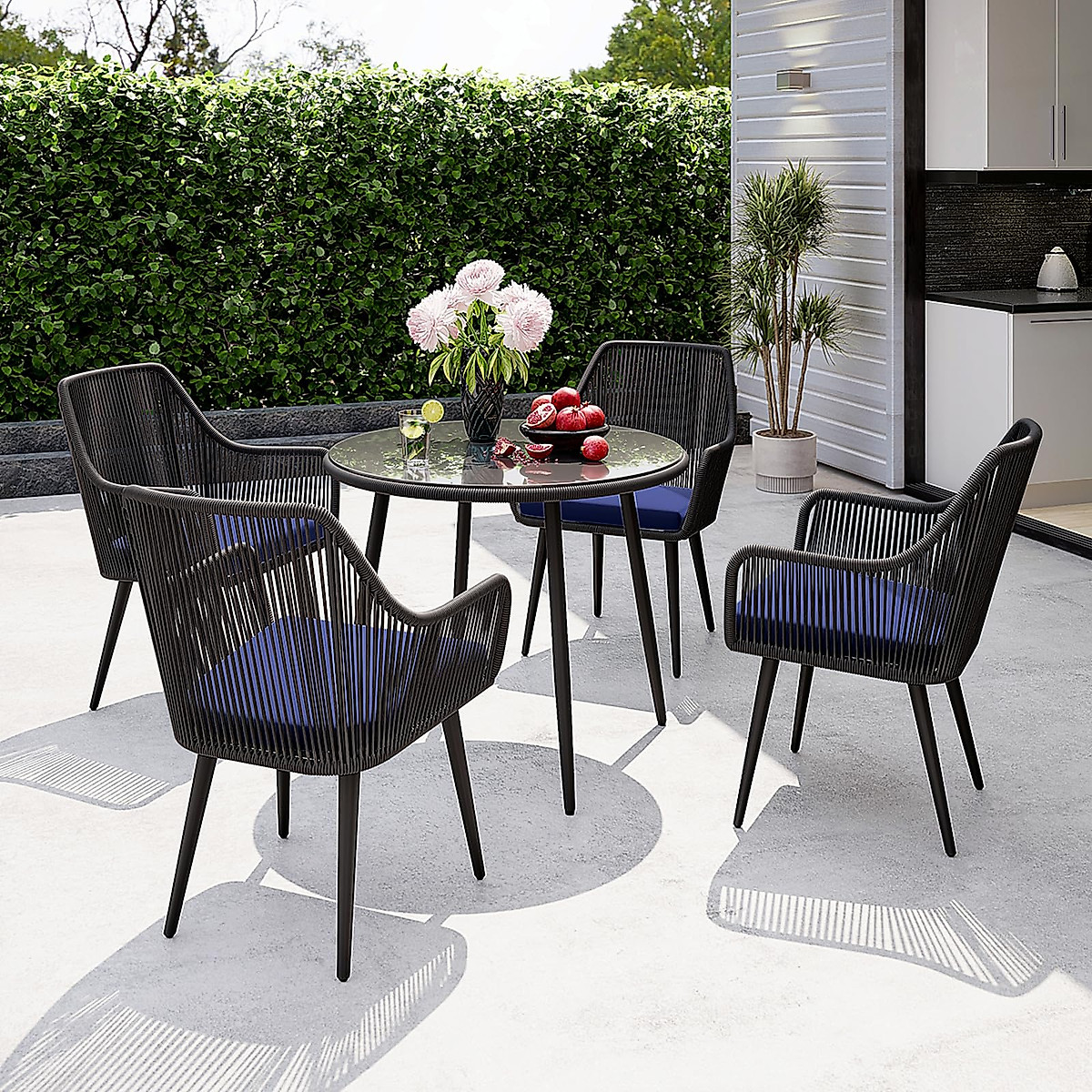 Patiorama 5-Piece Patio Dining Set, Outdoor Dining Table Chair Set, All-Weather Twisted Rattan Wicker Rope Conversation Set, Patio Furniture Set w/Umbrella Hole, 4 Cushioned Chairs&Glass Table(Blue)