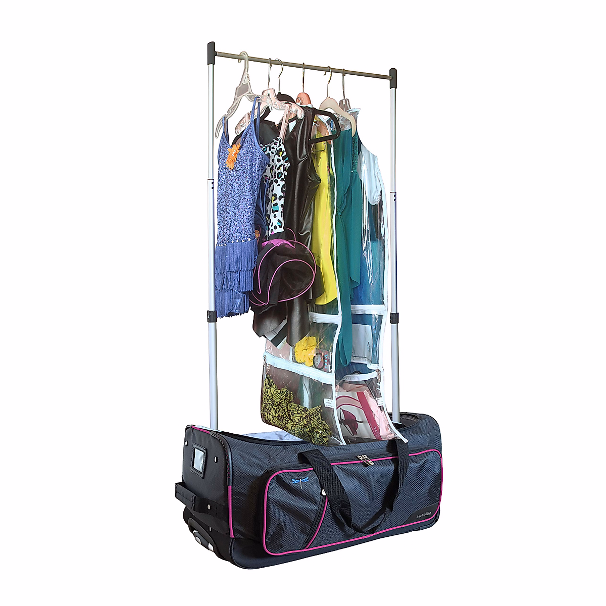 Travolution Dance Bag with Garment Rack, 24 Inch Rolling Duffel With Wheels, Ideal for Competitions & Travel, Easy-assembly Lightweight Aluminum Clothes Rack, Wheeled Upright Luggage, Black/Pink