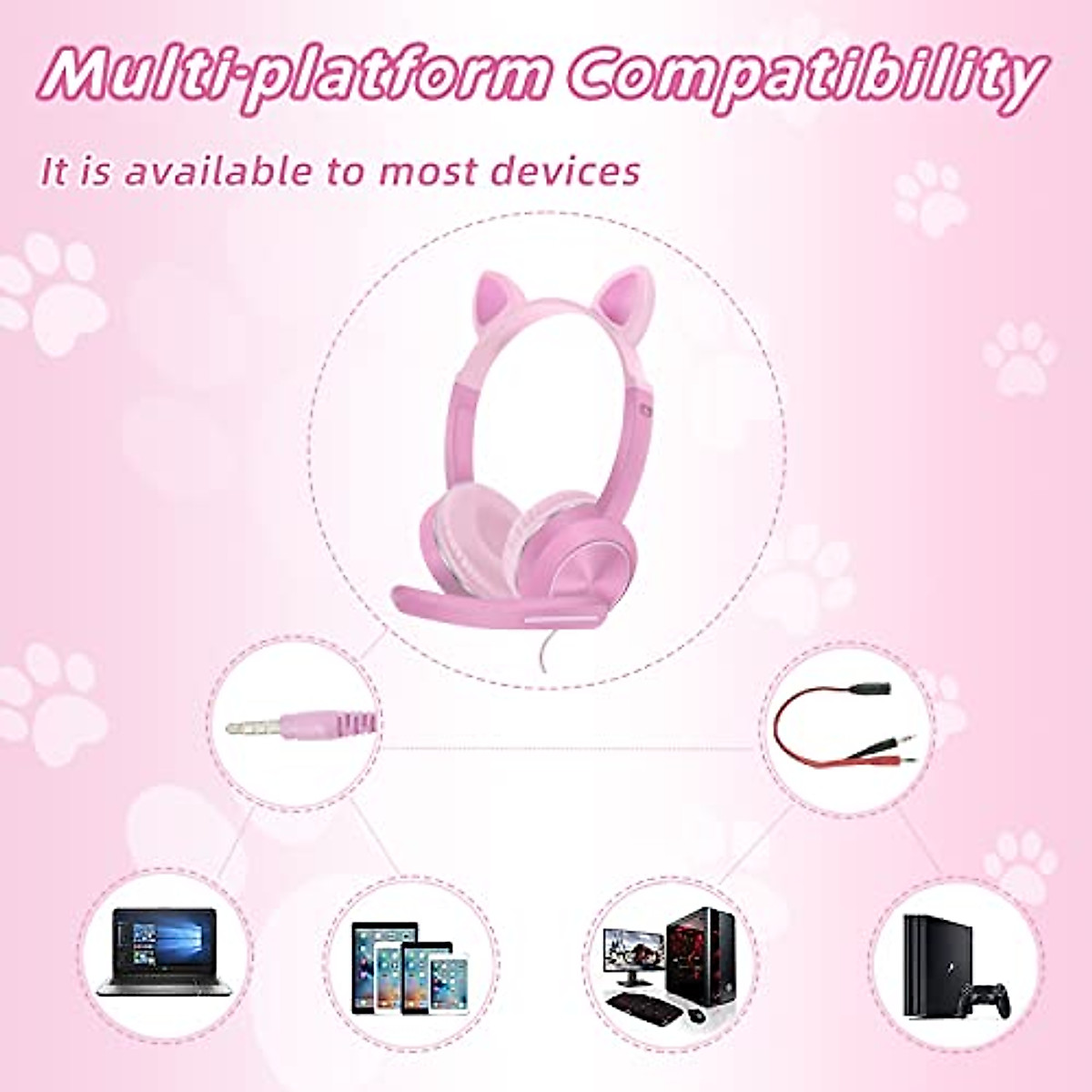 AKZ CN COM Kids Headphones, Cat Ear Headphones with Microphone for Children Boys & Girls, Wired Headset with 3.5mm Jack for Online Learning, Home, Chromebook, Travel, Tablet