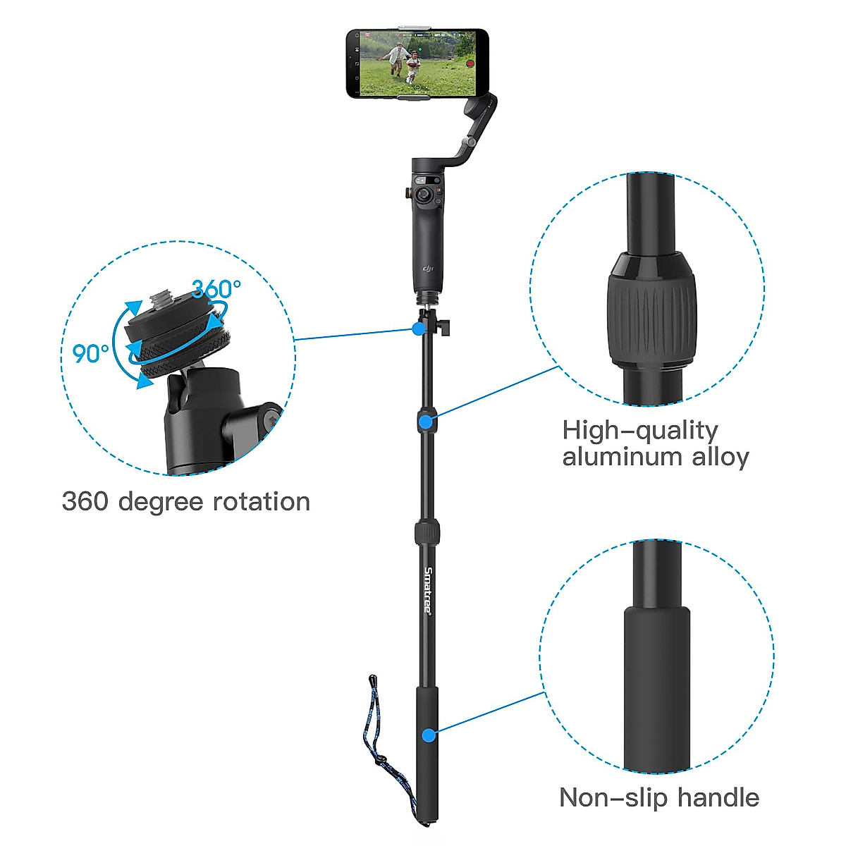 Smatree SmaPole DS1S Extendable Stick Compatible for DJI OM 4 SE/DJI OM 5/DJI OM6/DJI OSMO Action 2/DJI OSMO Action 3/G*Pro 12/11/10/Max/9/8/Cell Phone