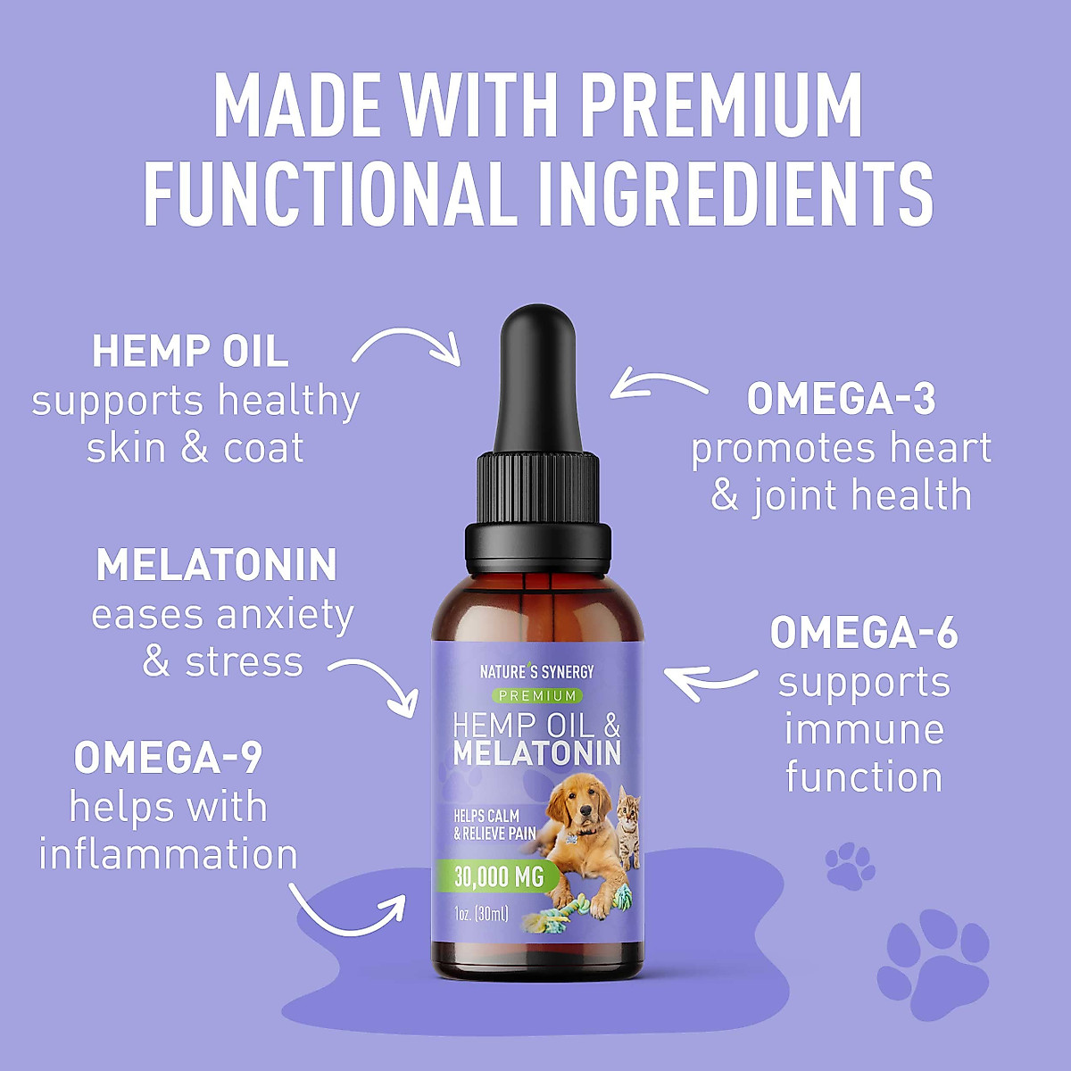 Nature's Synergy Melatonin and Hemp Oil for Dogs, Cats & Pets, 2 Pack, Calming Sleep Support, Omega Fatty Acids for Hip and Joint Support, Skin and Coat Health, Stress from Travel, Separation