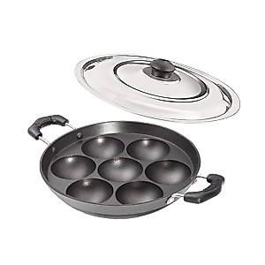 Satre Online and Marketing Small 7 Cavity Non-Stick Aluminium Heavy Induction Base Appam Pan With Steel Lid - Black,Silver,Red