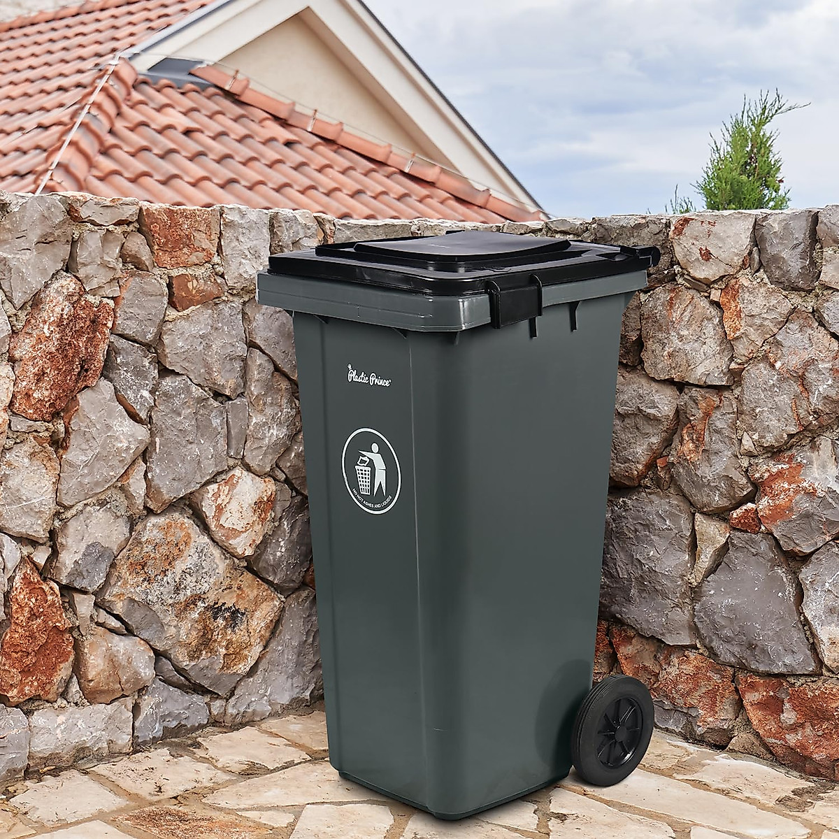 32 Gallon Large Outdoor Trash Can with Lid Snap-Lock - Outside Plastic Rolling Garbage Can and Wheels- Rollout Commercial Heavy-Duty Container Barrel
