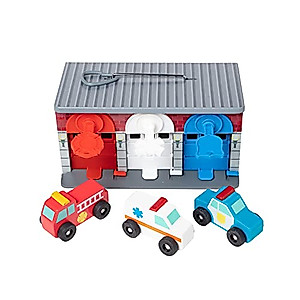 Melissa & Doug Toy Keys and Cars Wooden Rescue Vehicles and Garage (7 pcs) Red, for 36 months to 72 months