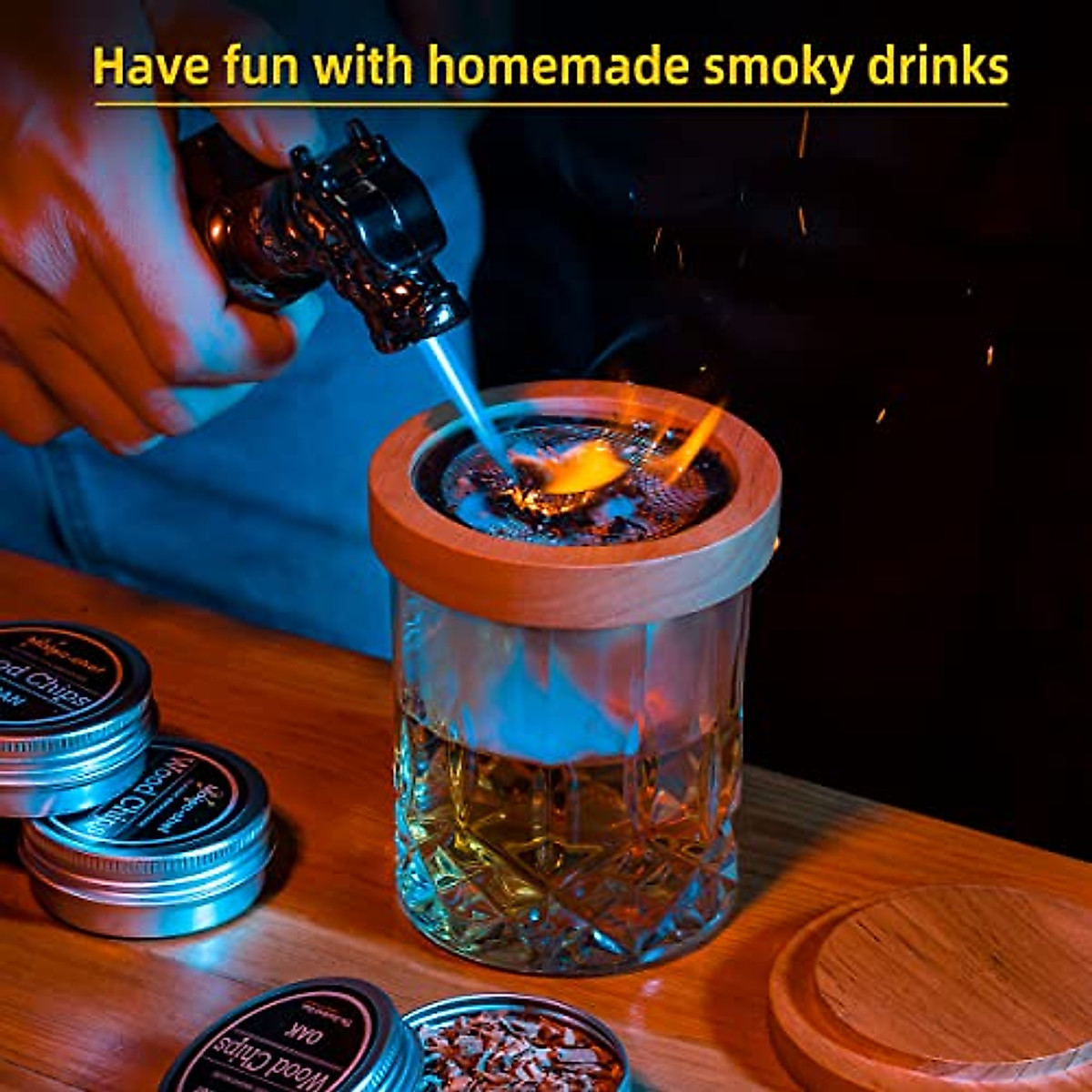 Cocktail Smoker Kit with Torch, 4 Kinds of Wood Chips for Drink Smoker Infuser Kit, Bourbon/Whiskey Smoker Accessories, Old Fashioned Smoker Kit as Ideal Gifts for Men, Dad, Husband