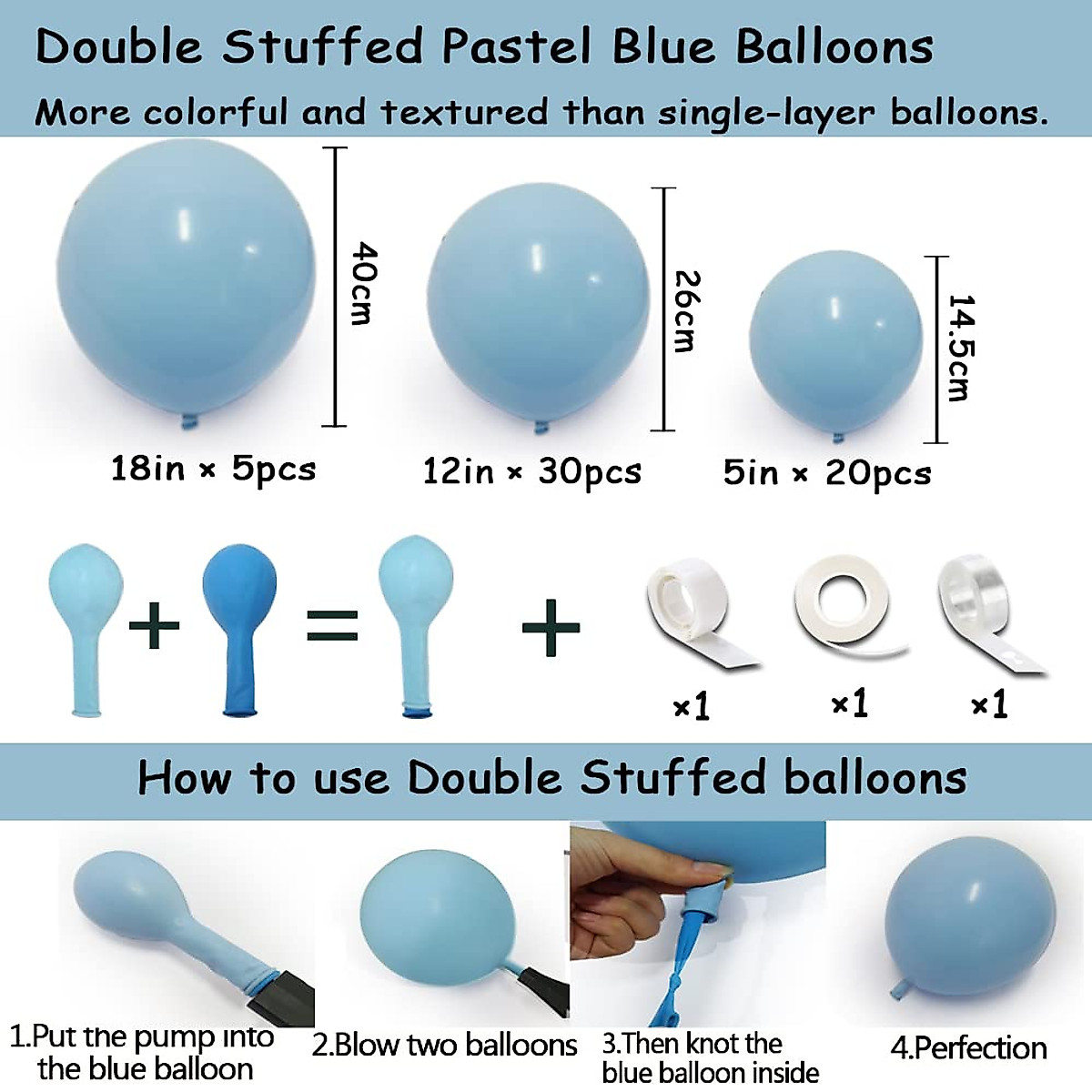 Double Stuffed Pastel Blue Balloon Garland Macaron Baby Blue Balloons Different Sizes 18/12/5 Inch Light Blue Latex Balloons Arch Kit For Gender Reveal Birthday Baby Shower Party Decorations