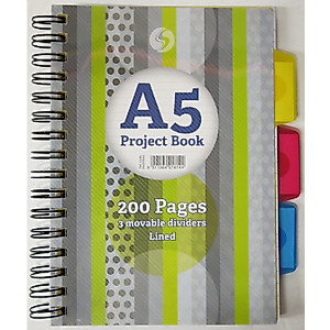 Silvine A5 project book 200 pages with 3 part dividers lined spiral book