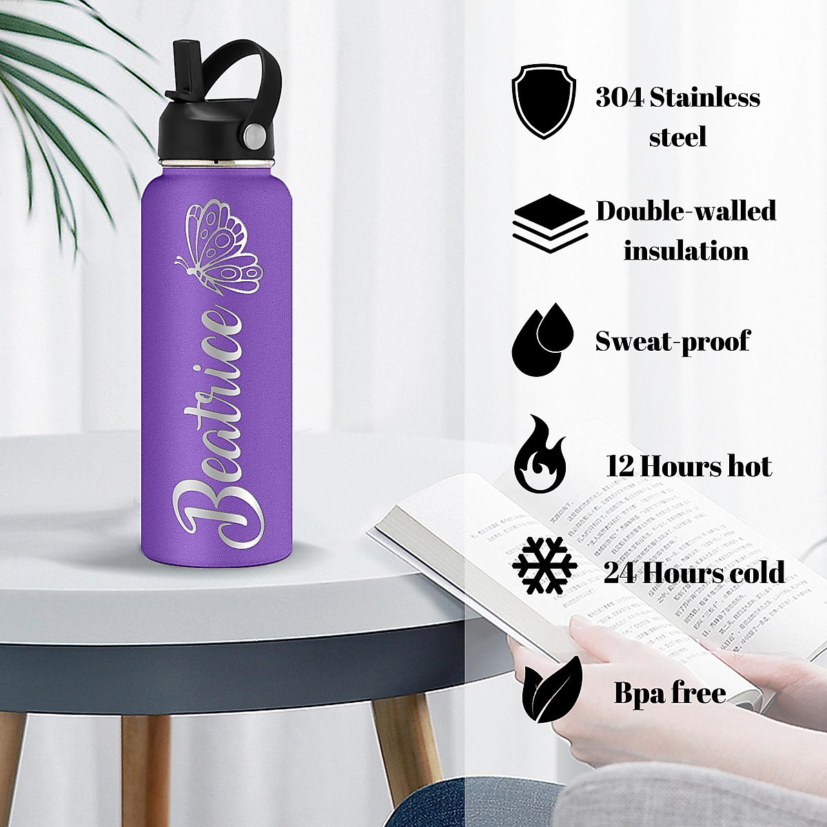 Westpearl Personalized Water Bottles with Straw 32oz Custom Stainless Steel Sports Water Bottle with Engraved Name Text Customized Insulated Double Wall Water Bottles for School Sports