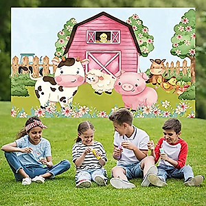 7x5ft Cartoon Farm Animals Party Backdrop Pink Barn Girl Baby Shower Birthday Photography Background Farmland Animals Cows Pigs Barnyard Backdrop Banner Cake Table Decoration Photo Booth Props