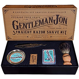 Gentleman Jon Straight Razor Shaving Kit | Vintage Wet Shave Grooming Set for Men - Includes: Straight Edge Razor, Hair Shaving Brush, Alum Block, Shave Soap, Bowl & Double Edge Razor Blades