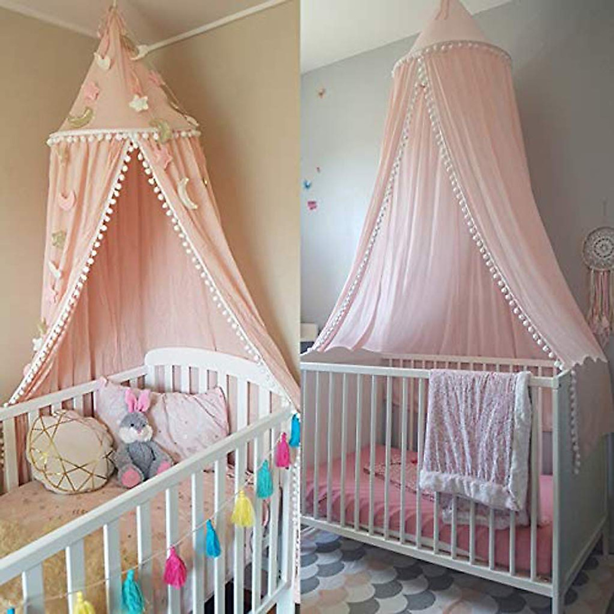 Bed Canopy for Girls Bed with Pom Pom, Cotton Dome Mosquito Net for Baby, Kids Indoor Outdoor Playing Reading, Bedroom Decoration (Peach Pink)