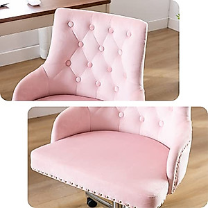 Pink Desk Chair Velvet Office Chair with Wheels Tufted Vanity Chair Fabric Task Swivel Armchair for Bedroom Living Room