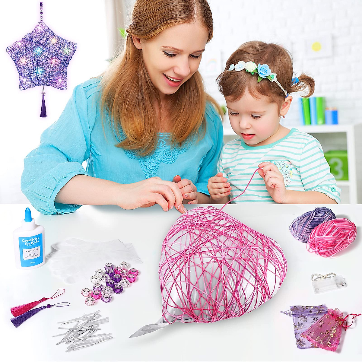 G.C 3D String Art Kit for Kids Arts and Crafts for 8 9 10 11 12 Year Old Girls Boys DIY Light up Heart Star Lantern Toys Birthday Gifts 20 Multi-Colored LED Bulbs