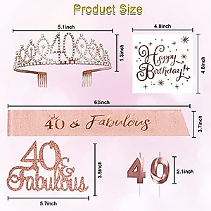 Gaciban 40th Birthday Decorations Women, 40th Birthday Sash and Tiara Crown, Cake Toppers, Birthday Candles, Napkins Sett, Happy 40th Birthday Gifts for Women (Rose Gold)