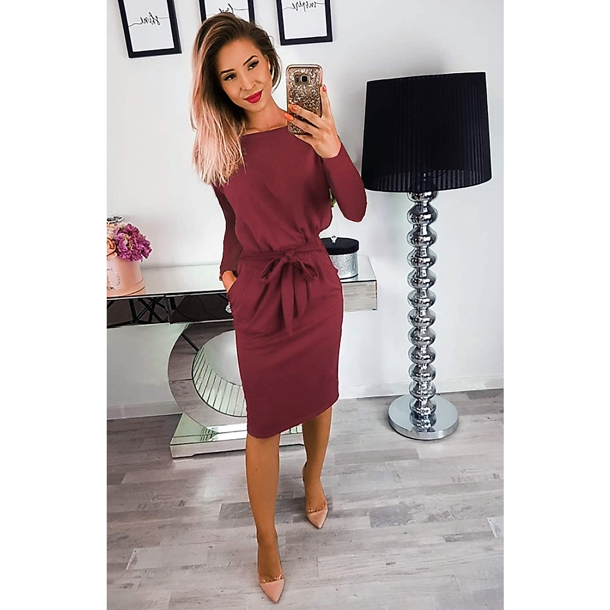 PRETTYGARDEN Women's Fashion Casual Long Sleeve Belted Party Bodycon Sheath Pencil Dress (Wine Red,X-Large)