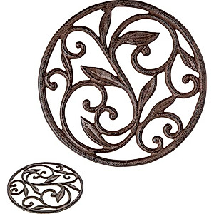 Cast Iron Trivet - Round with Vintage Pattern - Decorative Cast Iron Trivet for Kitchen Or Dining Table - 7.7" Diameter - Rust Brown Color - with Rubber Pegs by Comfify