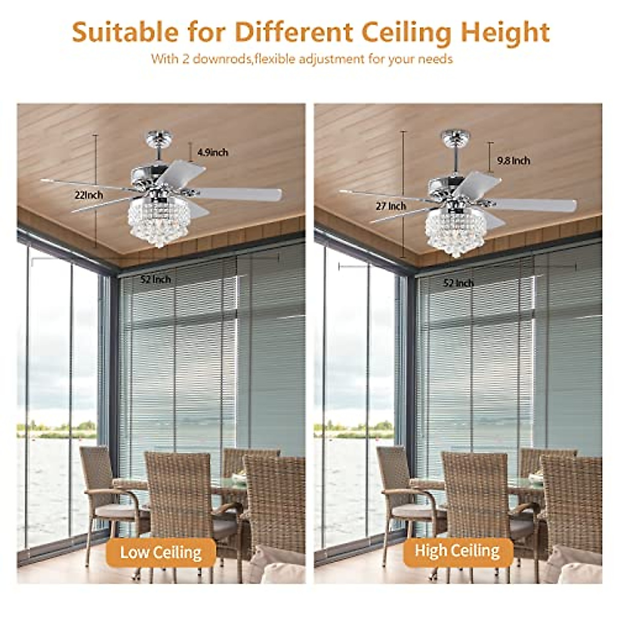 Tropwellhouse LuxureFan 52" Crystal LED Chrome Ceiling Fan Light Fixture Gorgeous Crystal 5 Reverse Wood Blades Modern Chandelier with Remote Control Decoration Home/Living Room