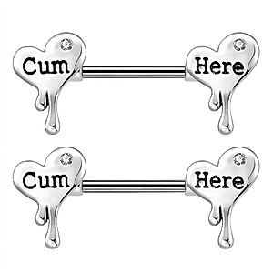 blue palm jewelry Pair of 14 Gauge 9/16 Inch Barbell Nipple ring Cum Here Dripping Heart Shaped Body Piercing with Round CZ F189