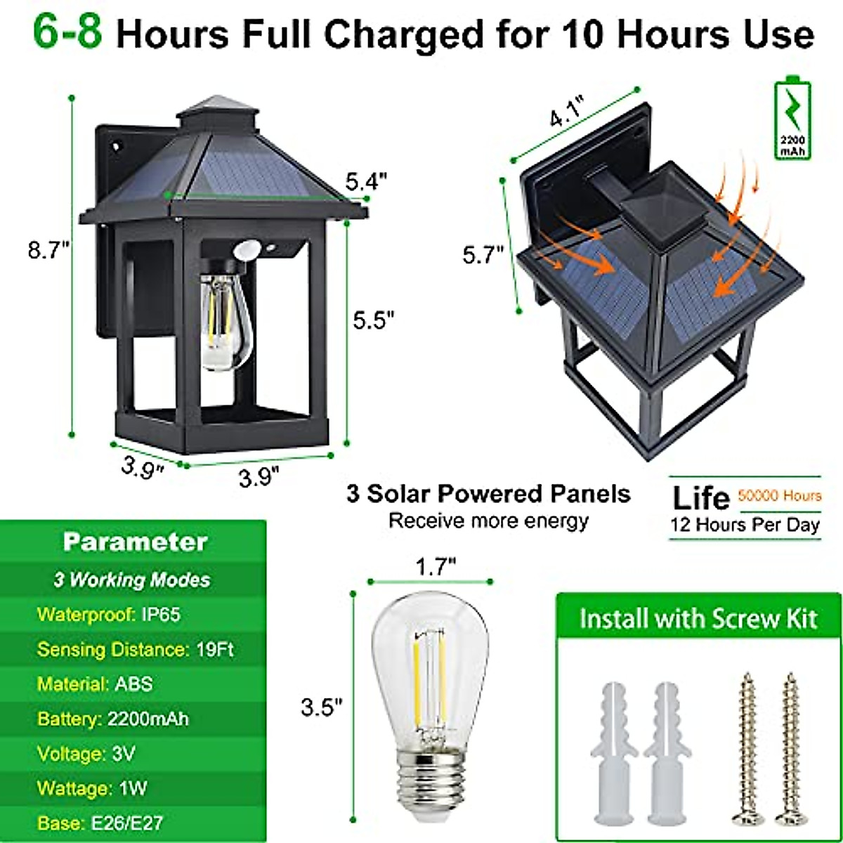 Kuniwa 2 Pack Solar Wall Lantern Lights Outdoor Dusk to Dawn Motion Sensor Waterproof LED Wall Sconce Exterior Porch Light Fixtures Warm White, 3 Lighting Modes for Fence Patio Garage Garden Yard