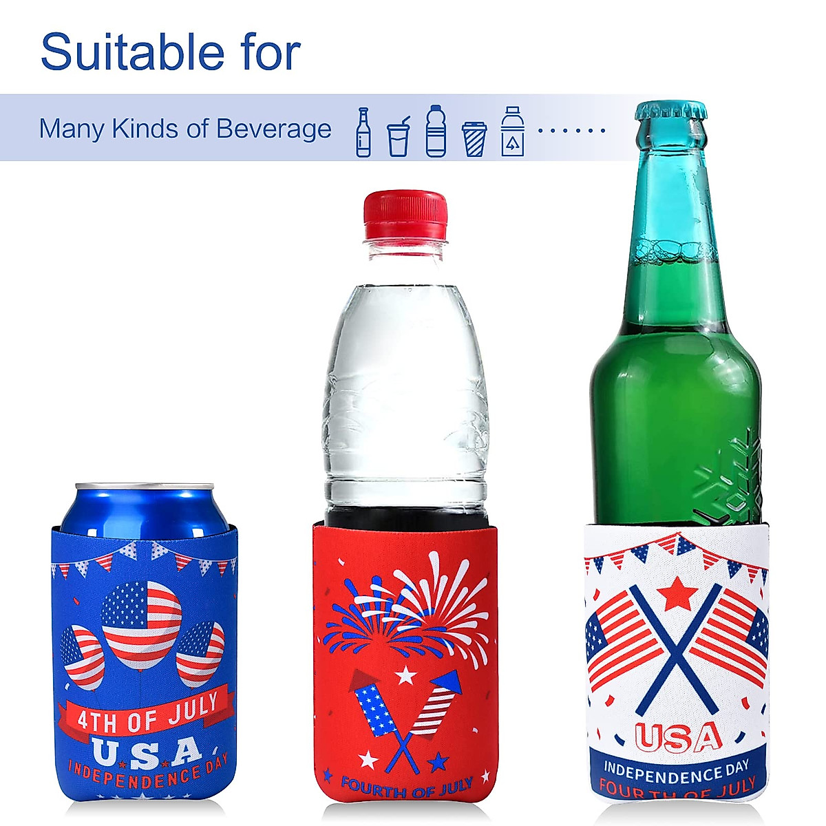 4th of July Decorations, 12PCS Beer Can Cooler Sleeves for Fourth of July Independence Day Decor, Insulated Collapsible USA Pattern Can Cover for Memorial Day Patriotic Party Supplies Outdoor Indoor