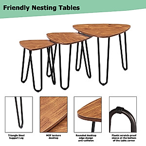 VECELO 3-Piece Nesting Coffee Tables with Metal Frame, Triangle Stacking Nightstand Home Furniture Set for Living Room, Easy Assembly,Rustic Brown