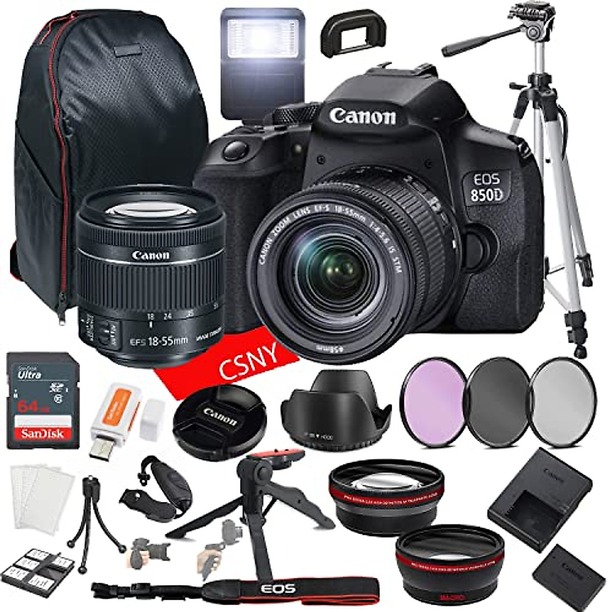 Canon EOS 850D (Rebel T8i) DSLR Camera w/EF-S 18-55mm F/4-5.6 Zoom is STM Lens + 64GB Memory + Back Pack Case + Tripod, Lenses, Filters, & More (28pc Bundle)