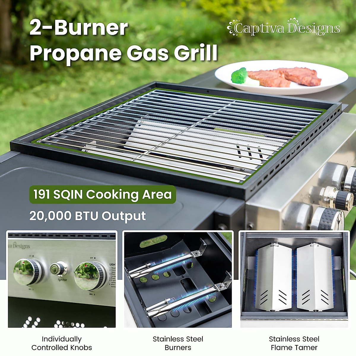 Captiva Designs 2-Burner Propane Gas BBQ Grill with Cast Iron Griddle Pan, 20,000 BTU Output Small Barbecue Grill for Outdoor, Patio, Backyard and Balcony