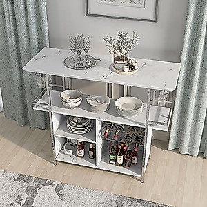 Furniture of America Linda Glam Faux Marble Multi-Storage Bar Table with Comfortable Footrest for Dining Room, Kitchen, White and Chrome