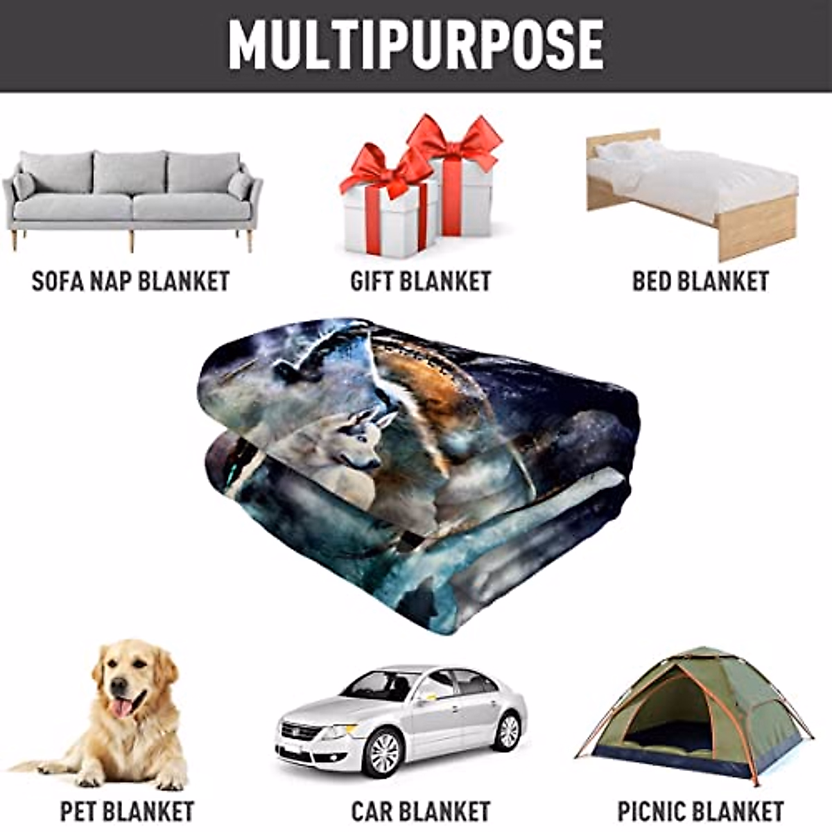 HommomH 60" x 80" Blanket Comfort Cozy Soft Warm Throw One Sides Bidding Dreamcatcher Cool Wolf Howling Moon Animal