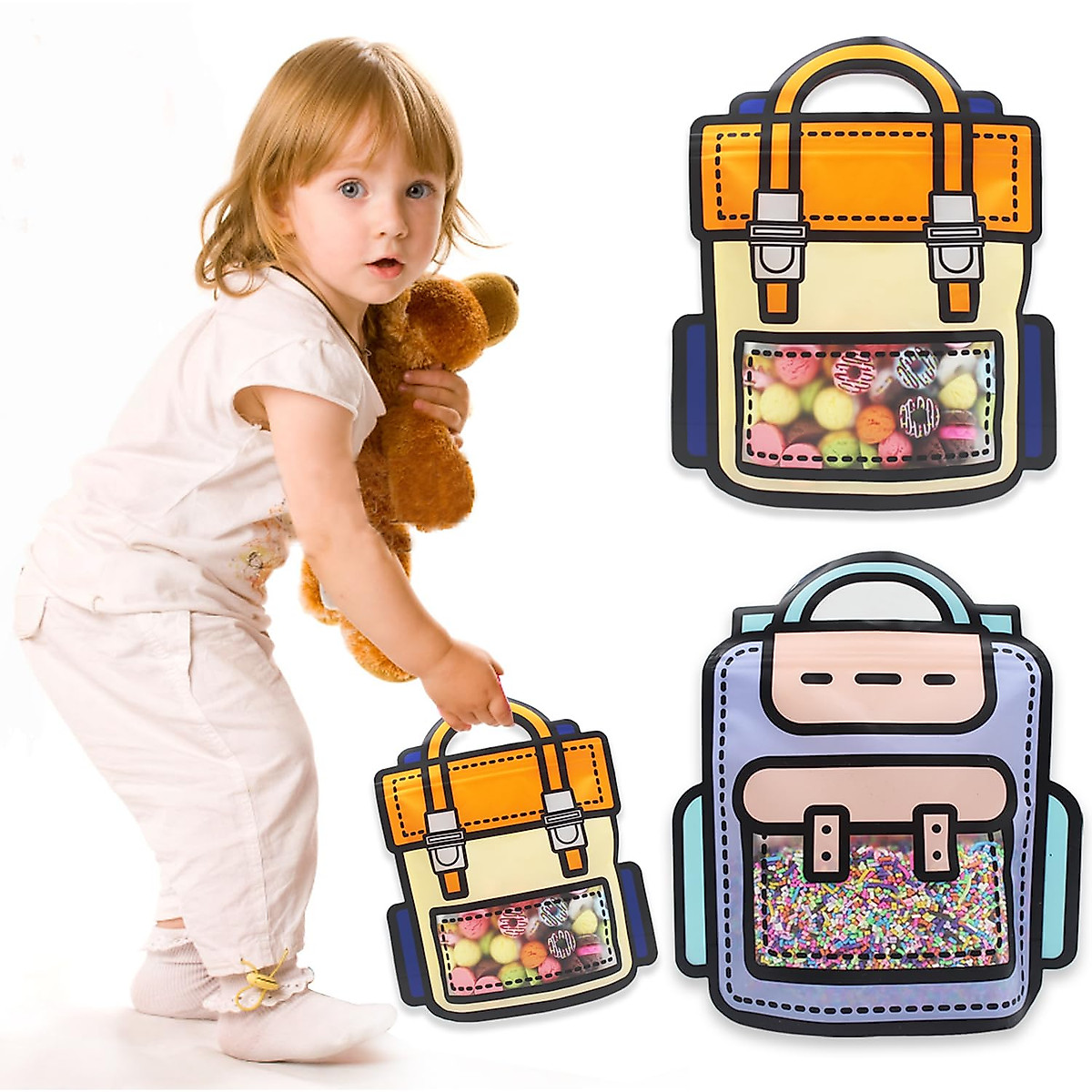 30 Pack Cartoon Backpack Goodie Bags Clear Gift Candy Bags with Handle Small Plastic Ziplock Seal Bags Smell Proof Resealable Packaging Storage Bags Candy Bag Party Favor Birthday Bags(Mixcolor)