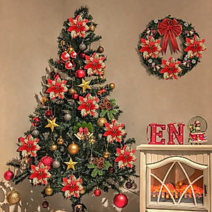 N&T NIETING 24Pcs Poinsettias Artificial Christmas Flowers, 5 inch Glitter Christmas Flowers Artificial for Decoration, Xmas Fake Flowers, Red and Gold