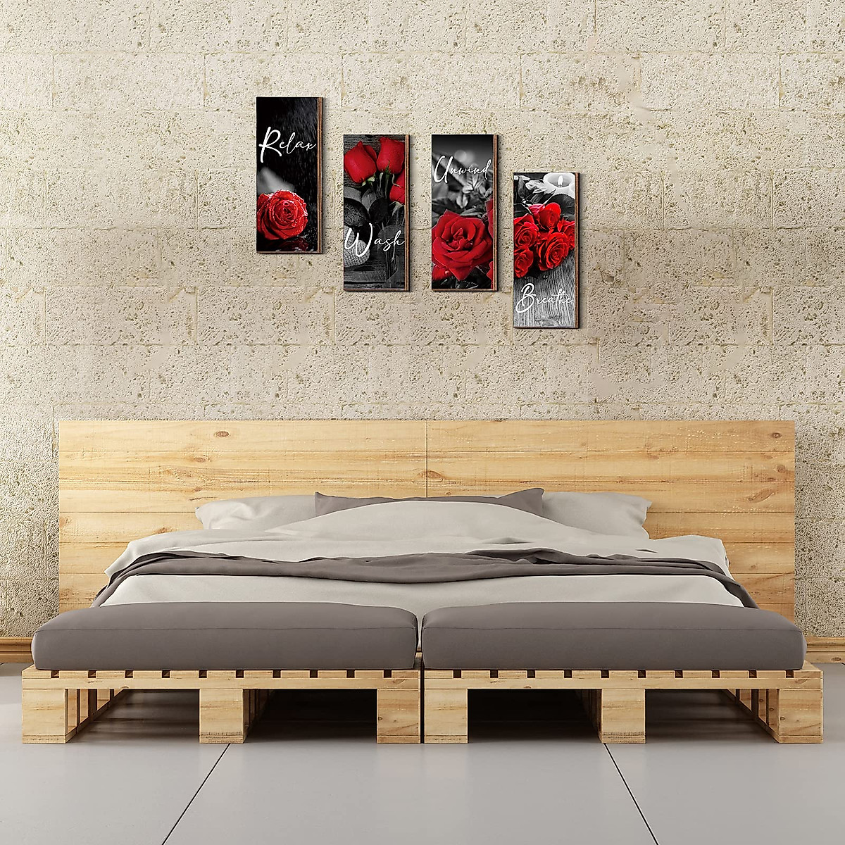 Set of 4 Rose Bathroom Wall Art Wooden Flower Restroom Decor Rustic Romantic Floral Farmhouse Bathroom Wall Decor Modern Breathe Wash Unwind Relax Sign for Living Room Home Decor, 10 x 4 Inch (Red)