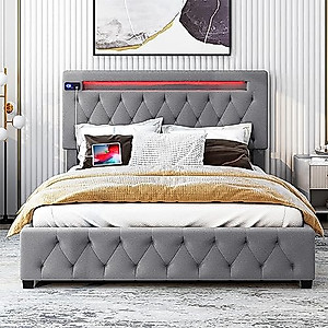 Ucloveria Queen Bed Frame with Bluetooth Audio & Charging Station & LED Lights, Upholstered Platform Bed with Button Tufted Adjustable Headboard, Hydraulic Storage, No Box Spring Needed, Gray