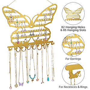 NiHome Butterfly Wall Mounted Jewelry Organizer, Decorative Metal Earring and Necklace Holder for Bedroom, Vanity, or Closet, Stylish Organizer with Easy Hanging for Fashion Lovers (Gold)