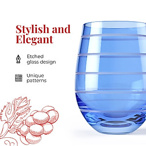 American Atelier Medallion Stemless Wine Glass Set of 6, 17 oz, Etched Patterns, Textured Glass Cups, Glasses for Red or White Wine, Stemless Goblets, Fifth Avenue Crystal, Blue