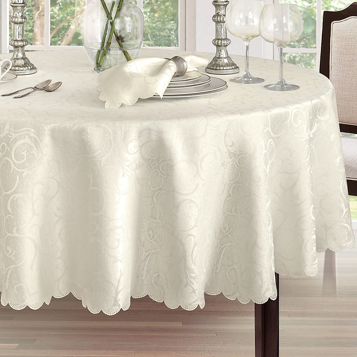 Newbridge Portofino Scalloped Damask Fabric Tablecloth, Wrinkle and Stain Resistant Fine Dining and Holiday Tablecloth, 60 Inch x 84 Inch Oval, Ivory