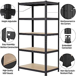 ANSIMIDA 5-Tier Metal Shelving Unit Adjustable Garage Storage Shelves Utility Rack Heavy Duty Shelves Organization Multipurpose Shelf Warehouse Basement Kitchen Living Room 28" L×12" W ×59" H, Black