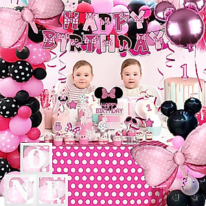 Pink Mouse Birthday Party Supplies - Pink Mouse Balloon Garland Arch Kit for Cartoon Mouse Theme Birthday Party Decorations for Girl, Pink Bow Foil Balloons and Banners for Baby Shower Party Supplies