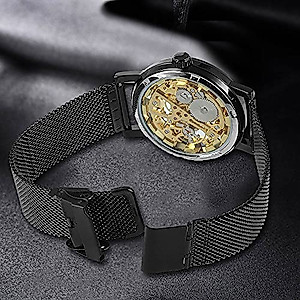 Whodoit Mesh Strap Design Watch Hand-Wind Mechanical Stainless Steel Case Skeleton Watch Watch for Men